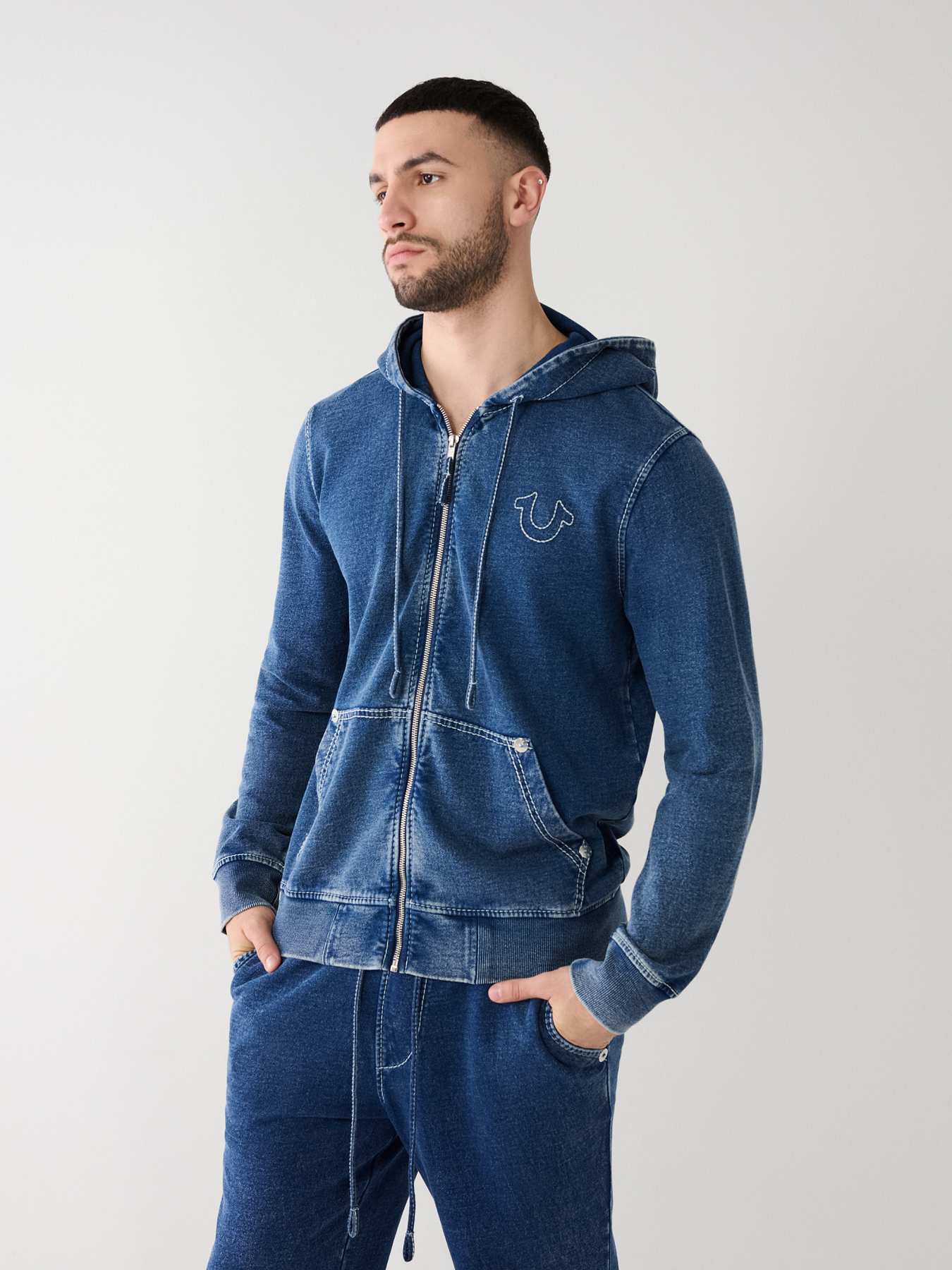 INDIGO BIG T ZIP HOODIE