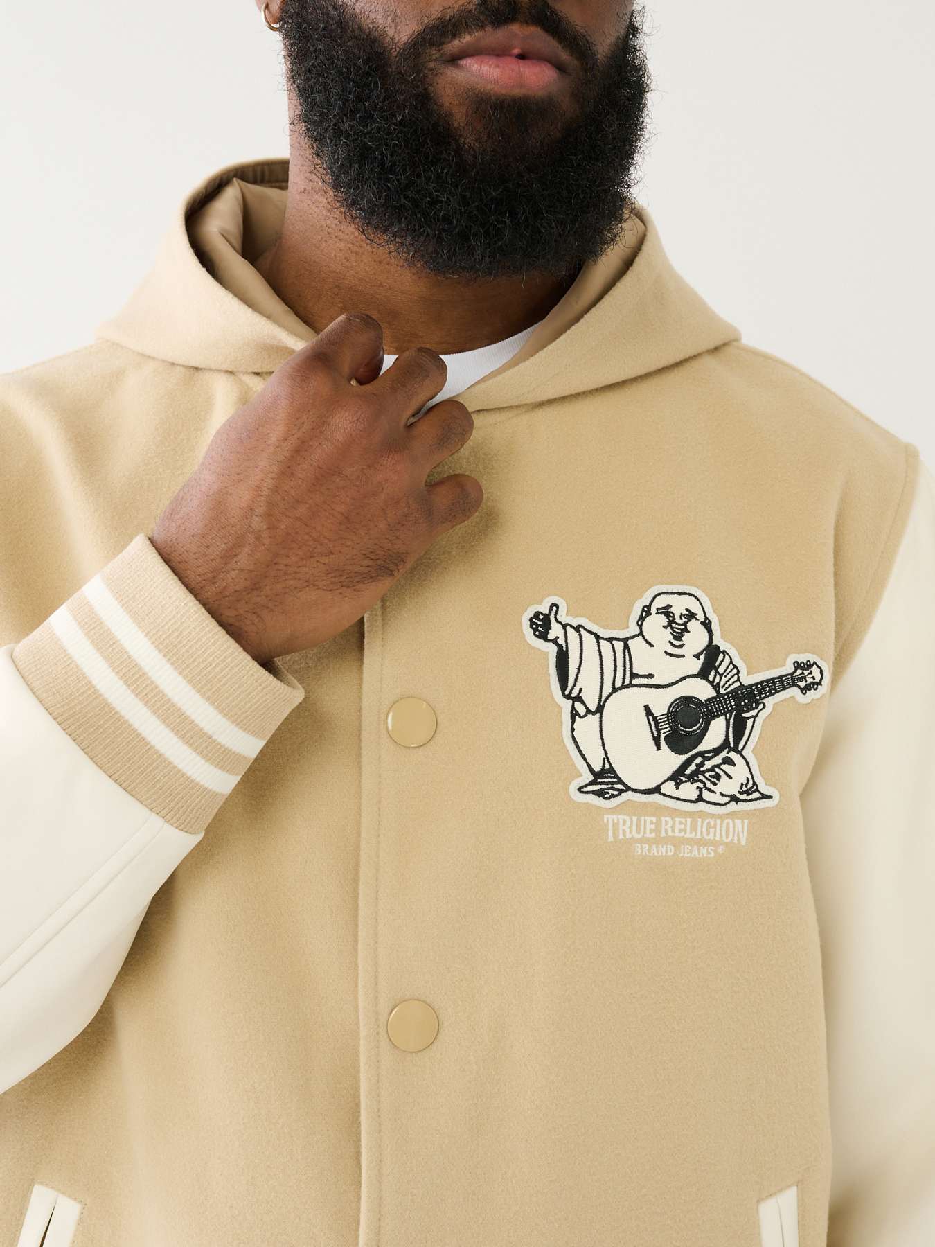 BUDDHA LOGO HOODED VARSITY JACKET