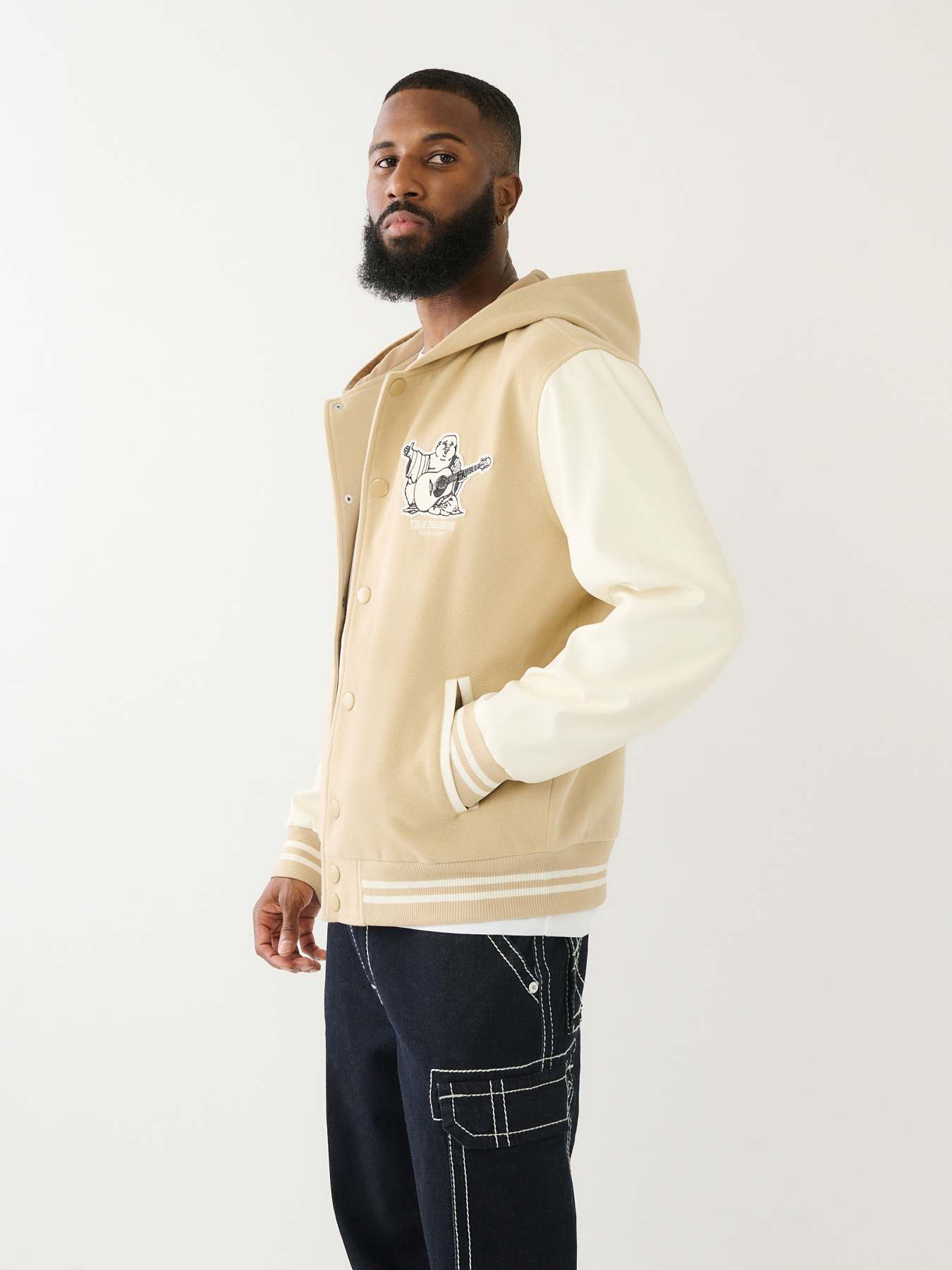 BUDDHA LOGO HOODED VARSITY JACKET