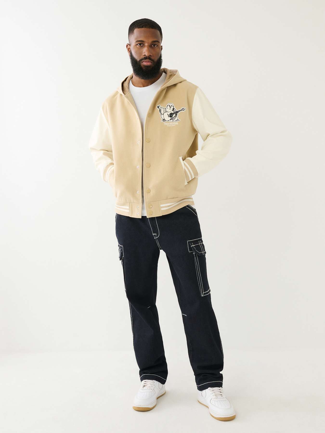 BUDDHA LOGO HOODED VARSITY JACKET
