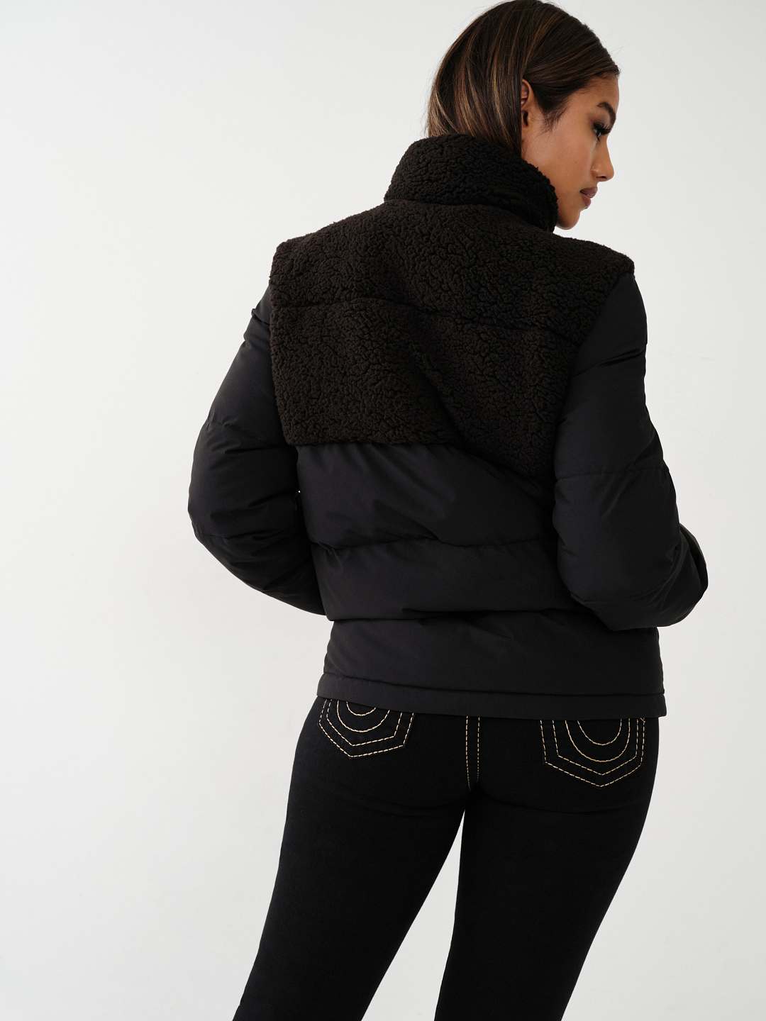 FAUX SHEARLING LOGO PUFFER JACKET