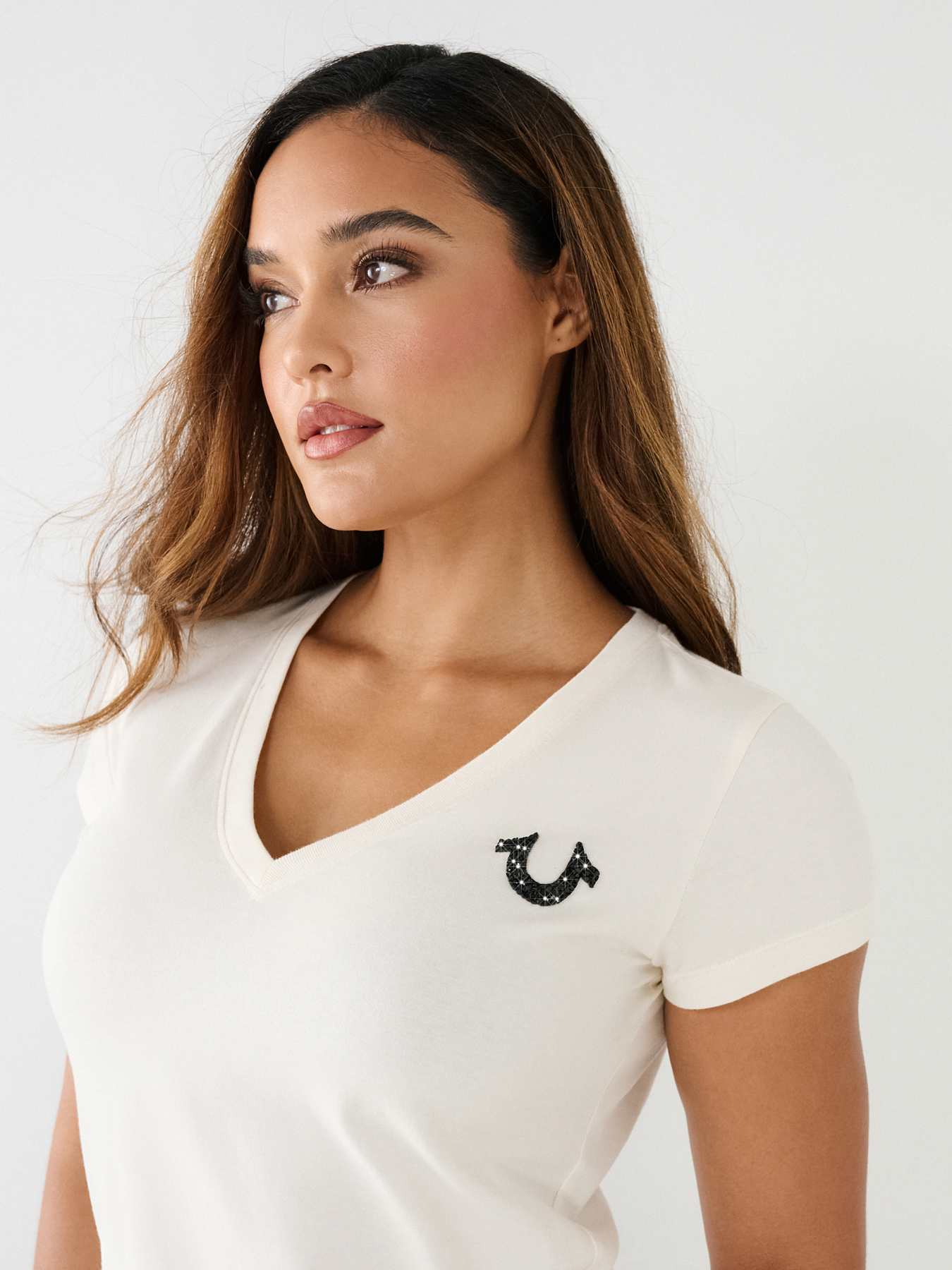 CRYSTAL TRUE RELIGION V NECK LOGO TEE