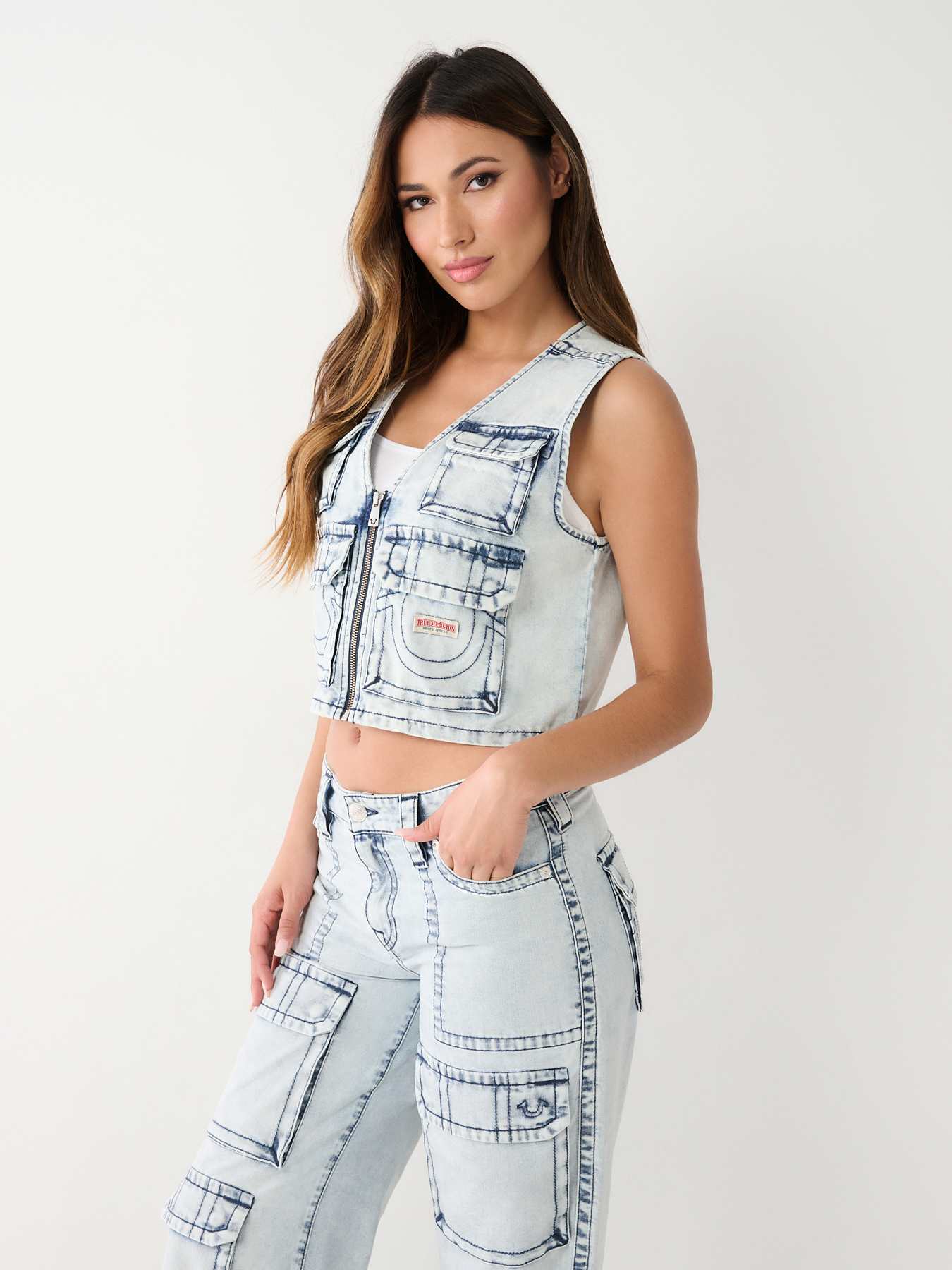 CROP DENIM UTILITY VEST