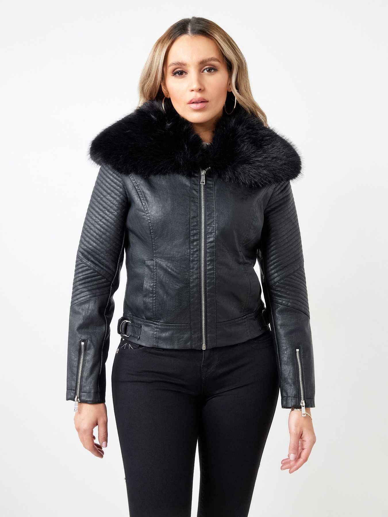 FUR TRIM FAUX LEATHER MOTO JACKET