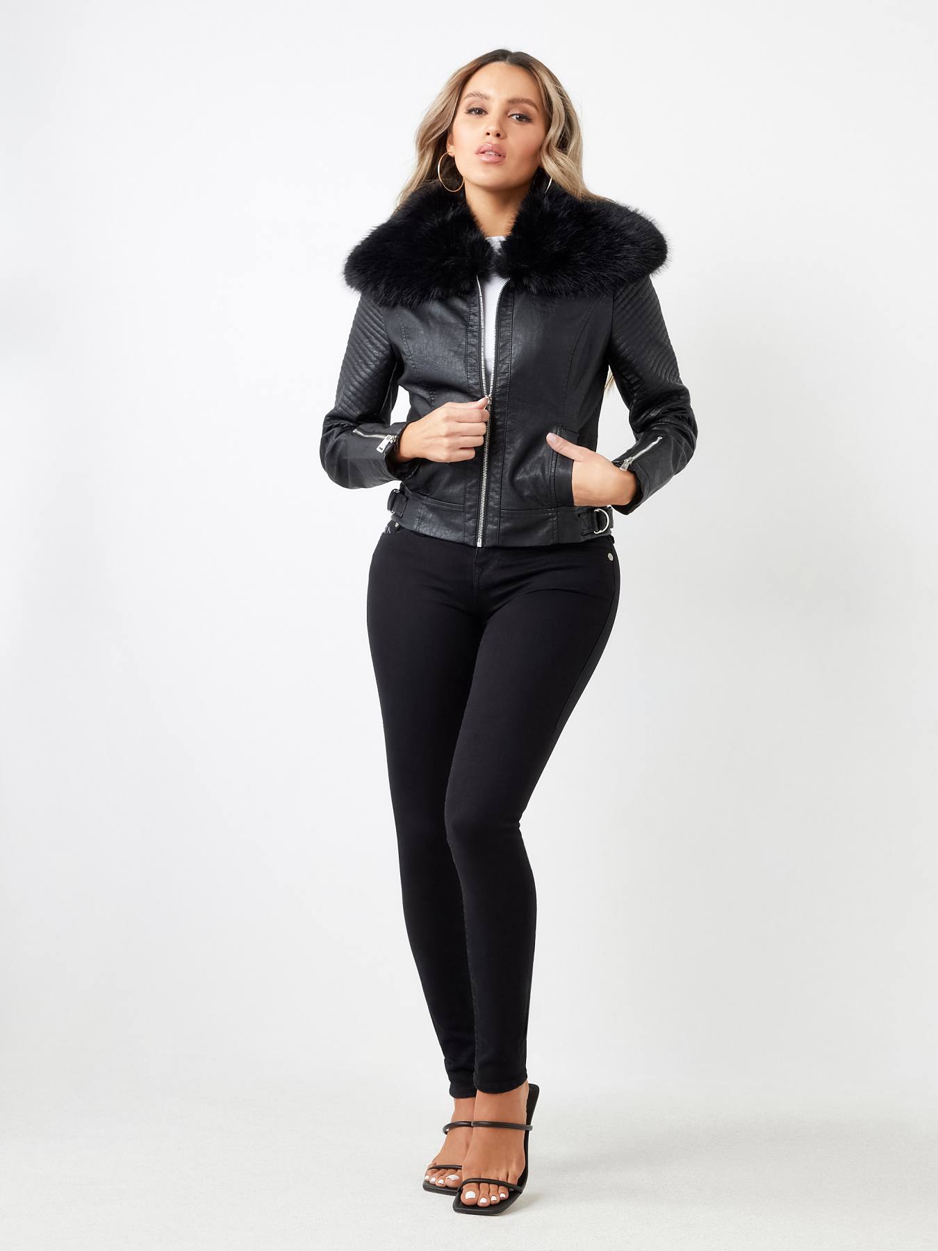 FUR TRIM FAUX LEATHER MOTO JACKET
