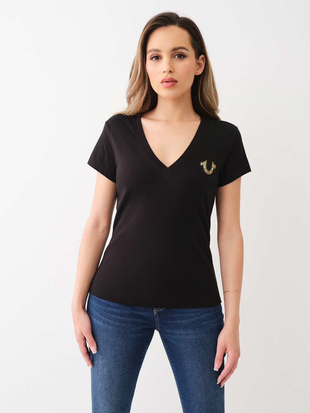 CRYSTAL METALLIC LOGO V NECK TEE | True Religion