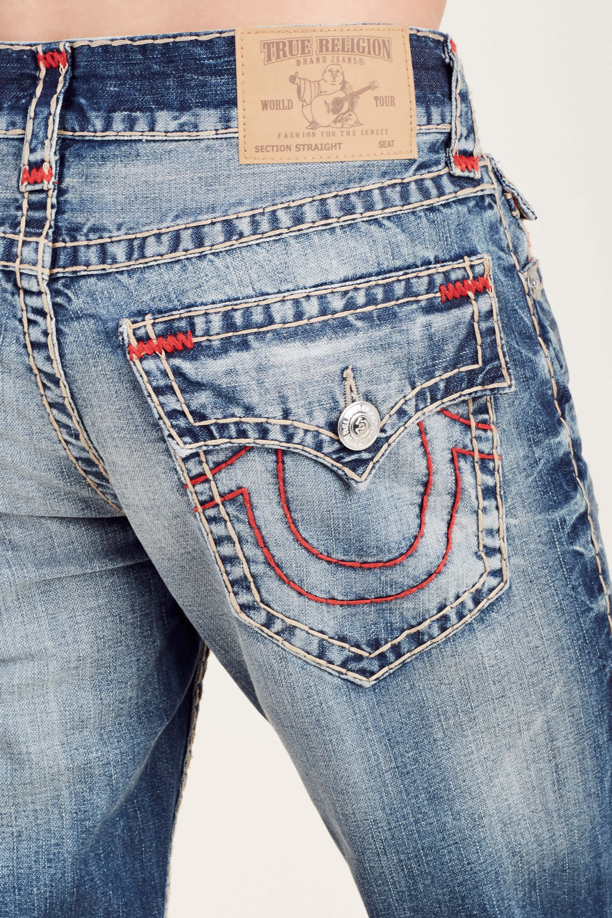 Straight Flap Red Stitch Ripped Mens Jean Blue True Religion