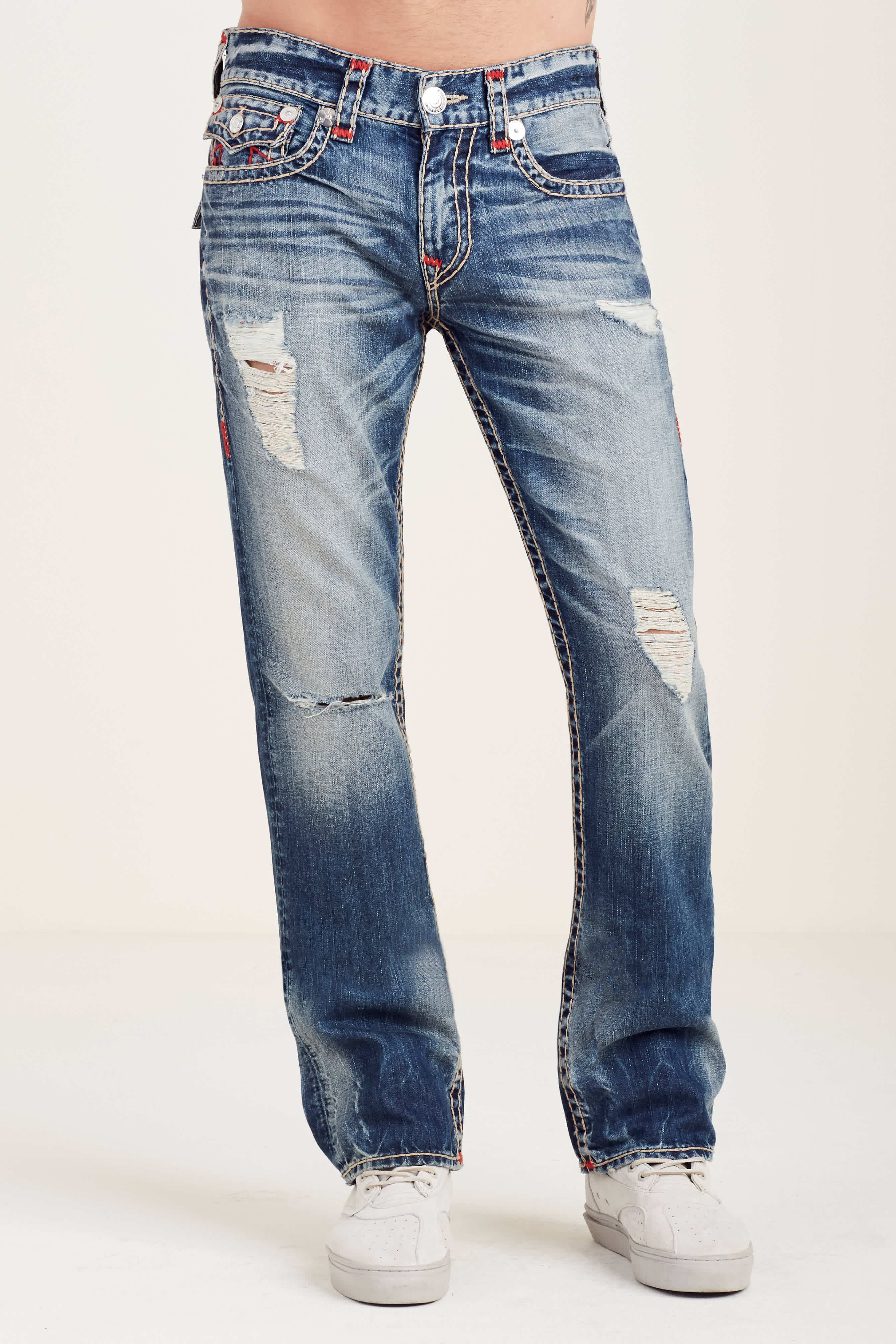 Straight Flap Red Stitch Ripped Mens Jean Blue True Religion